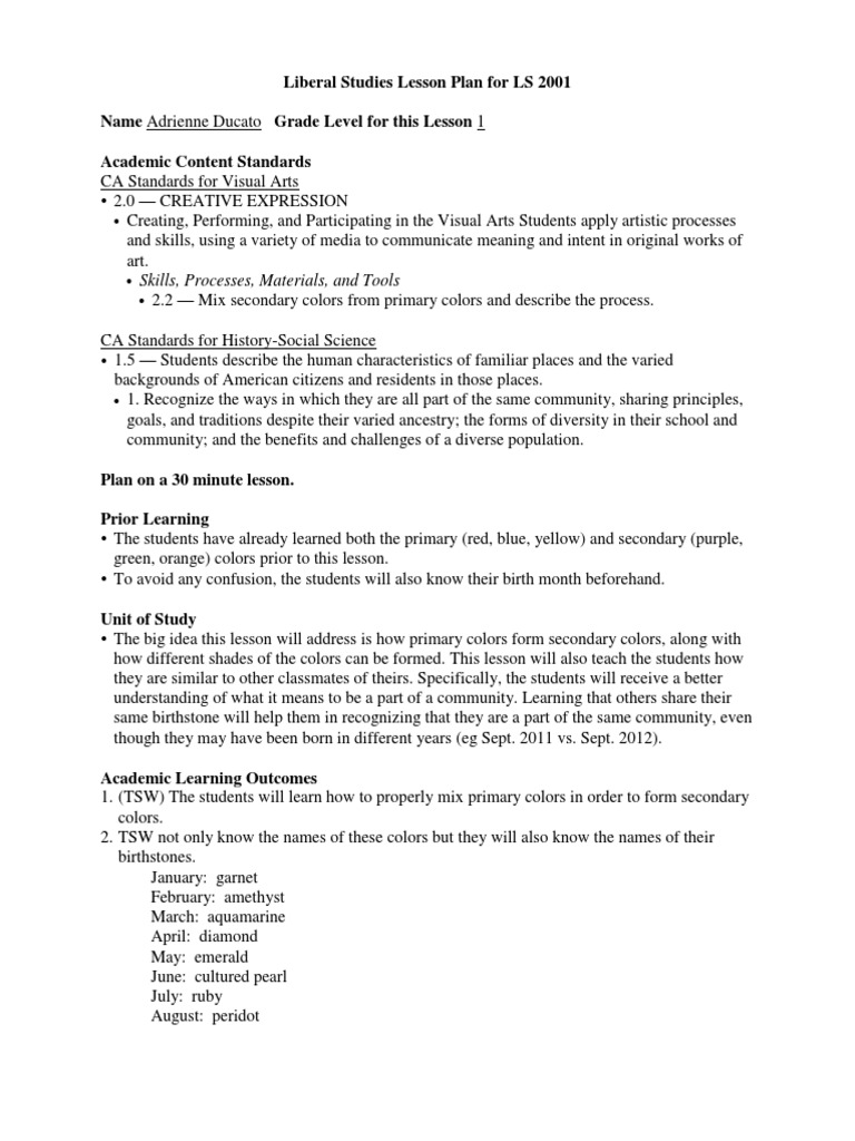 Liberal Studies Lesson Plan For LS 2001 Name Adrienne Ducato Grade ...