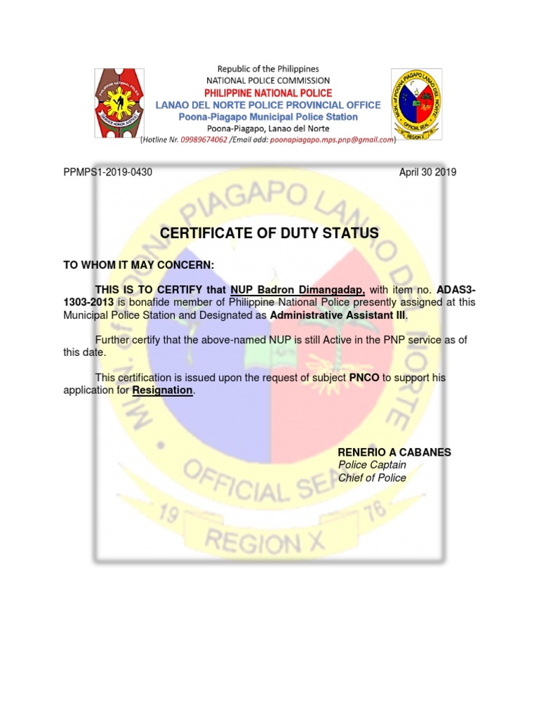 Duty Status and Non Pending Case Badron New | PDF