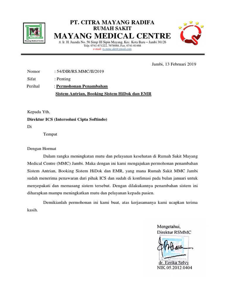 Surat Permohonan Penambahan Sistem KSO, HiDok Dan IMR | PDF