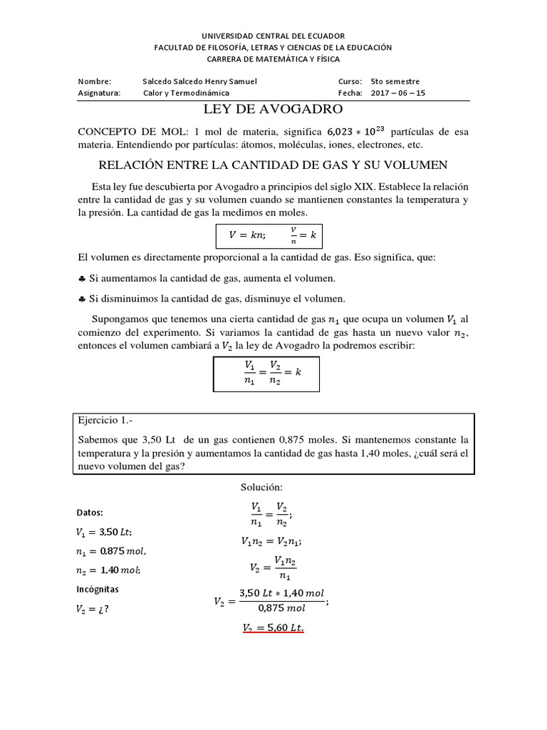 Ley de Avogadro | PDF