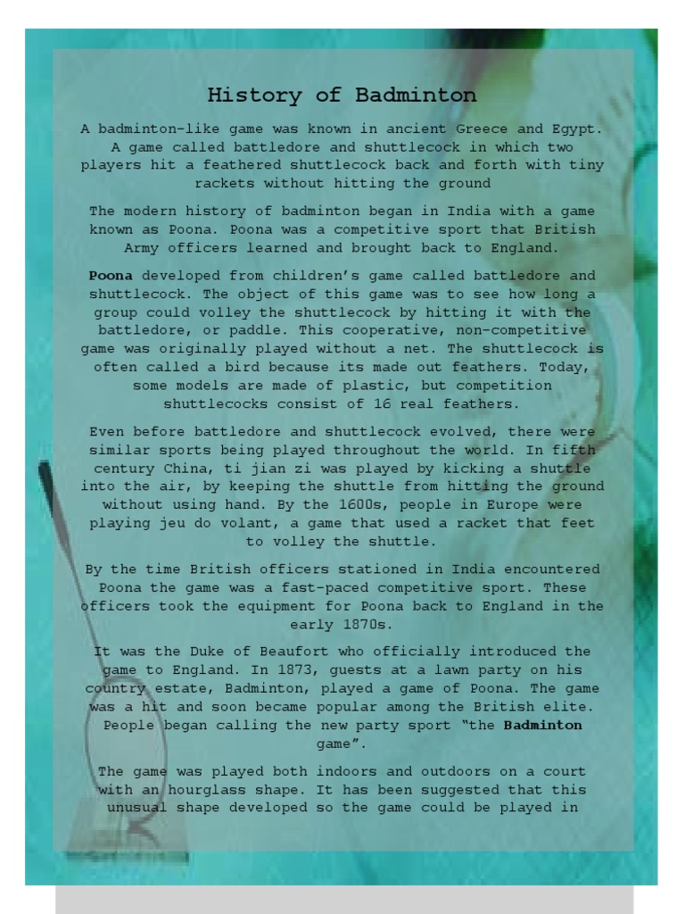 History of Badminton: Poona Developed From Children's Game Called ...