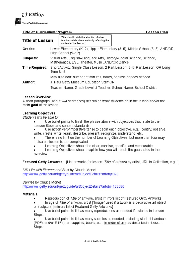 Title of Curriculum/Program Lesson Plan | PDF | Lesson Plan | Teachers