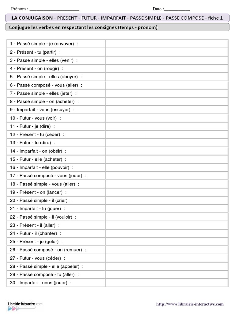 Present Futur Imparfait Passe Compose Passe Simple | PDF | Verbe ...
