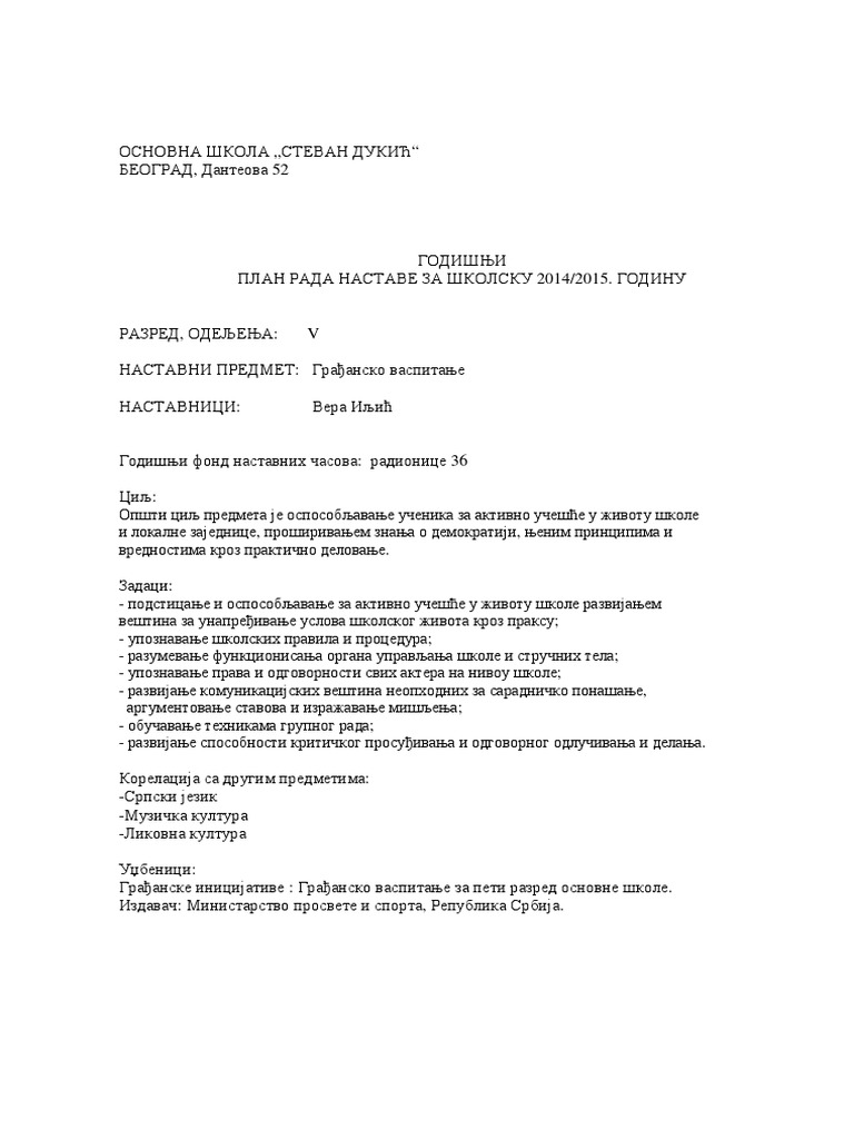 Planovi Rada Za Građansko Vaspitanje (SVI RAZREDI) | PDF