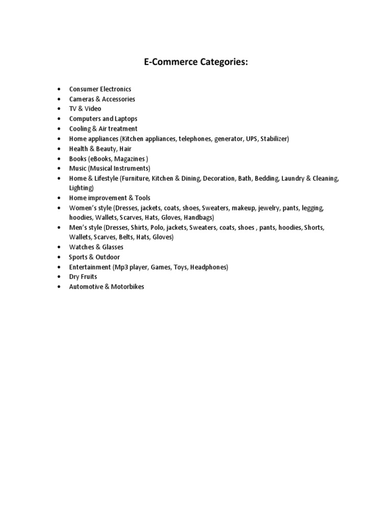 Ecom Categories | PDF | Softlines (Retail) | Consumer Goods