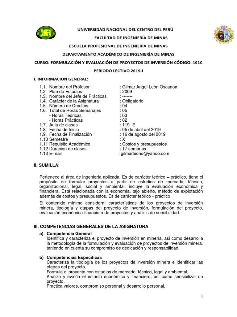 Sil Form de Proyectos 2019-I | PDF | Valor presente neto | Prueba ...