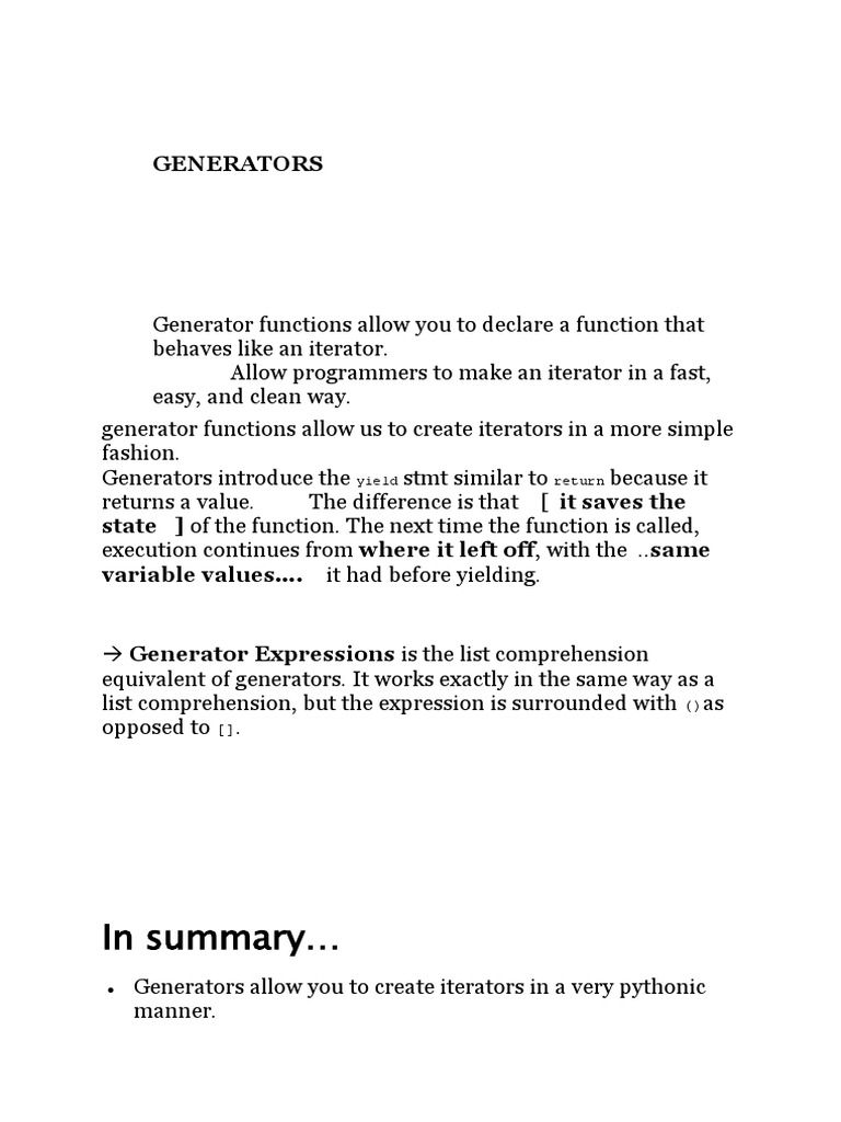 In Summary : Generators | PDF | Control Flow | Software Engineering