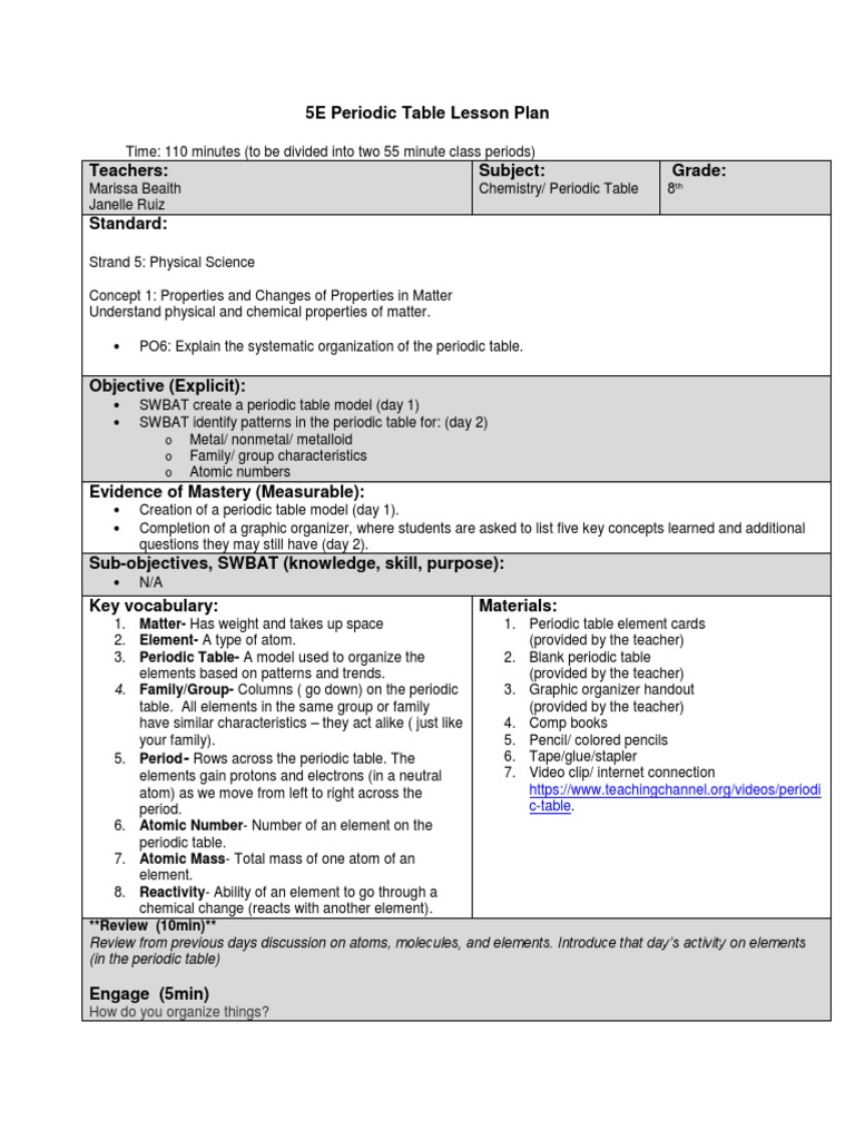 5e Lesson Plan Periodic Table | PDF | Periodic Table | Chemical Elements