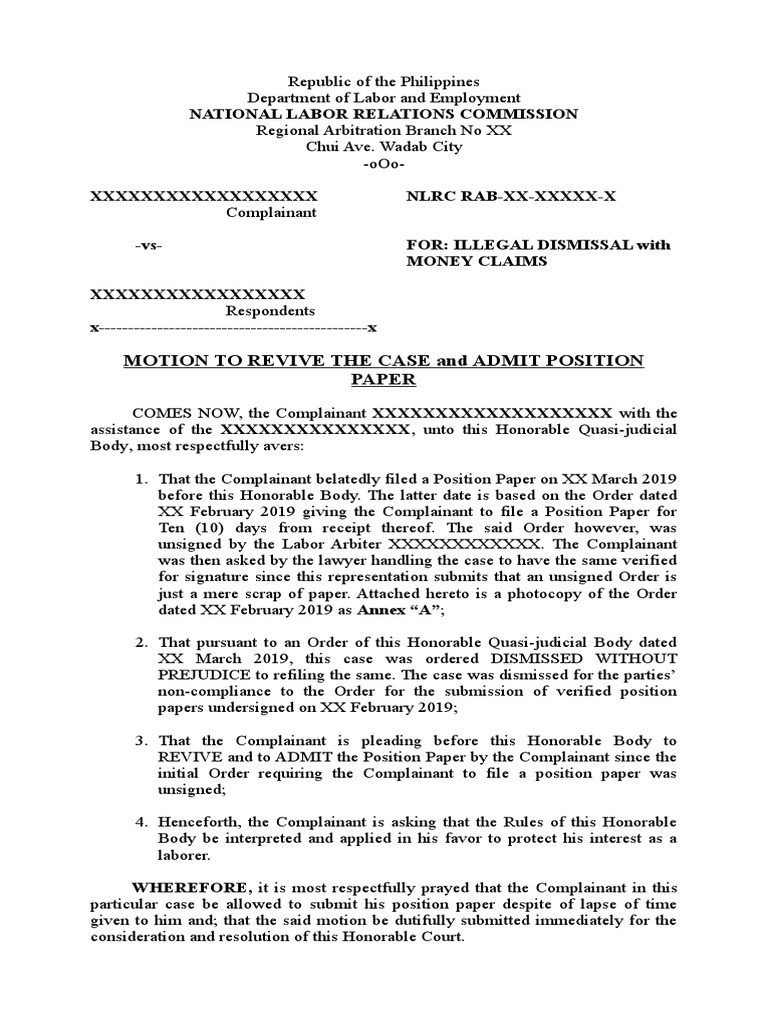Motion To Revive The Case and Admit Position Paper | Download Free PDF ...