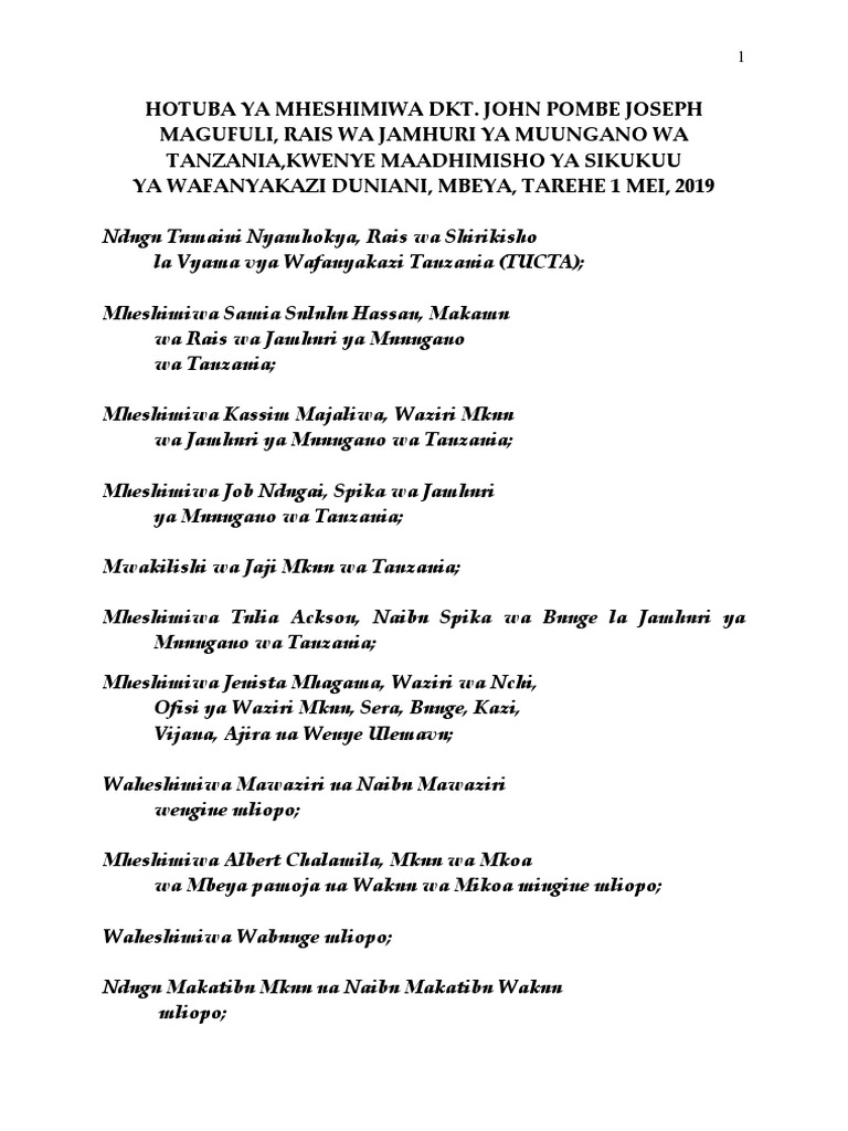 Hotuba Ya Rais Dkt. John Pombe Magufuli Kwenye Maadhimisho Ya Sikukuu ...