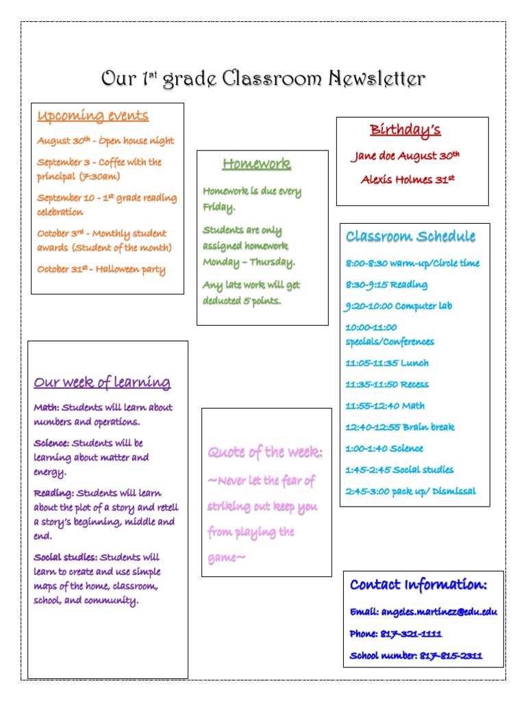 Our 1st Grade Classroom Newsletter Becker | PDF