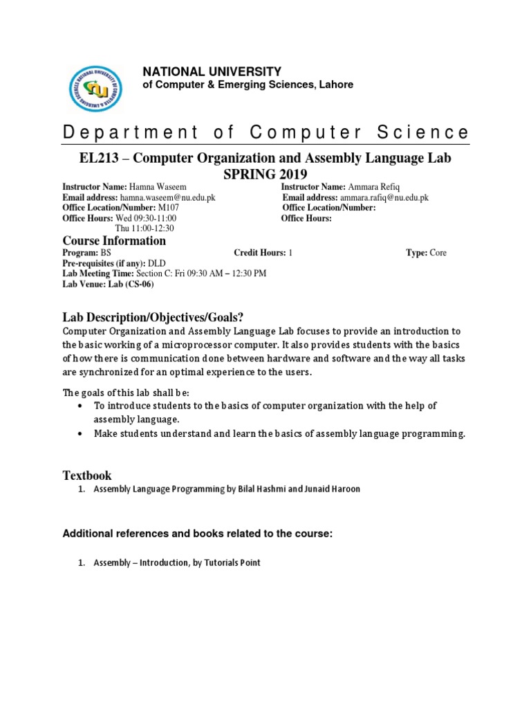 COAL-C Lab Outline Spring 2019 | PDF | Assembly Language | Computer Programming
