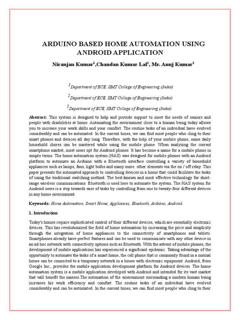 Arduino Based Home Automation Using Android Application: Niranjan Kumar ...