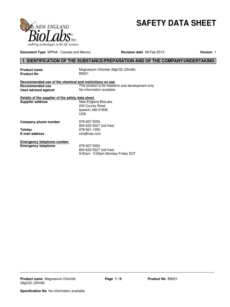 Safety Data Sheet For Magnesium Chloride MgCl2 25mM | PDF | Superfund ...