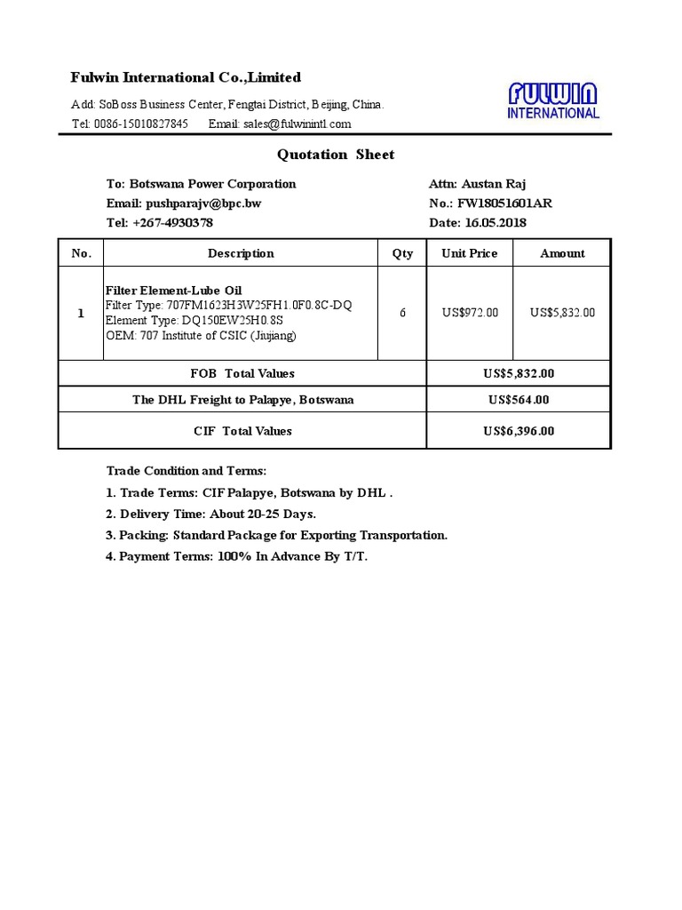 Quotation For Filter Element-Lube Oil 180516 | PDF | International ...