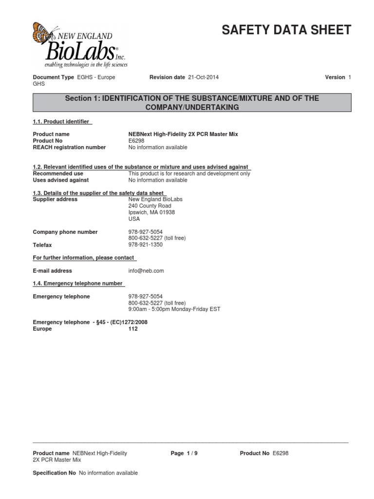 Safety Data Sheet For NEBNext High-Fidelity 2X PCR | PDF | Toxicity ...