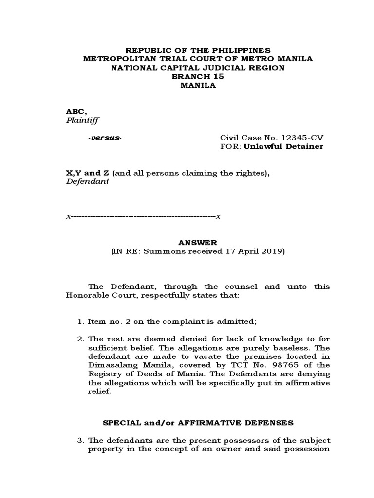 Answer Unlawful Detainer | PDF | Lawsuit | Complaint