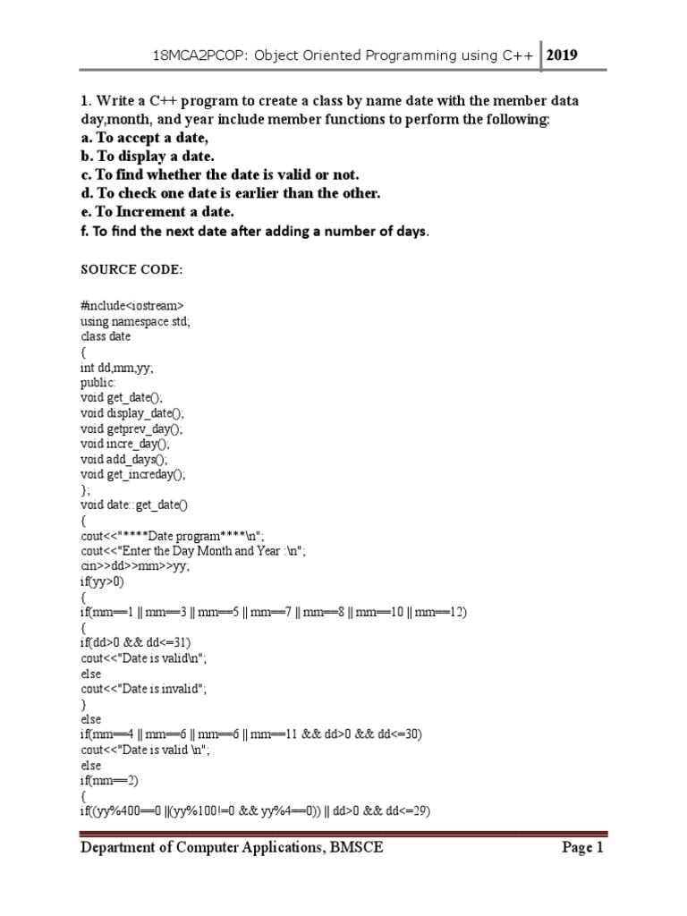 Write A C++ Program To Create A Class by Name Date With The Member Data ...