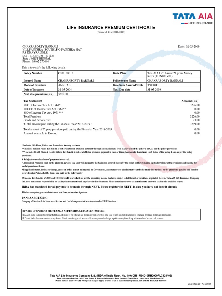 Life Insurance Premium Certificate: (Financial Year 2018-2019) | PDF ...