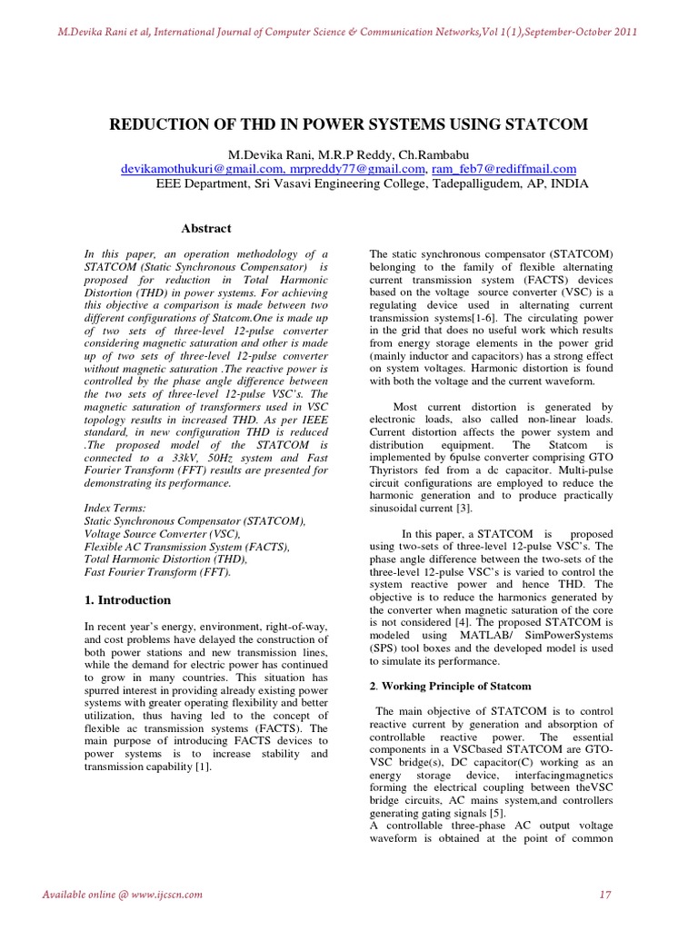 Reduction of THD in Power Systems Using Statcom | PDF | Transformer ...