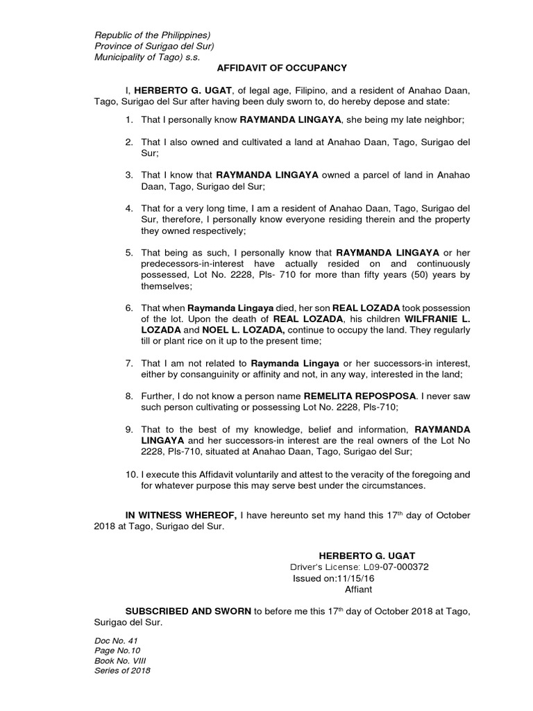 Affidavit of Occupancy for Lot No. 2228 | PDF | Affidavit | Document