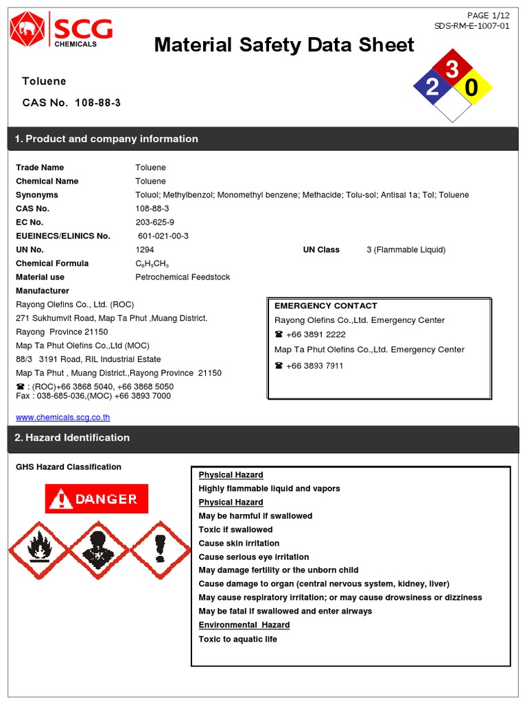 MSDS Toluene | PDF | Dangerous Goods | Carbon
