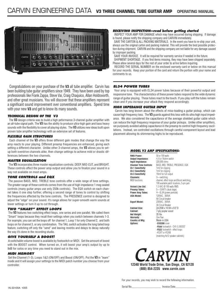 Carvin Engineering Data: V3 Three Channel Tube Guitar Amp | PDF ...