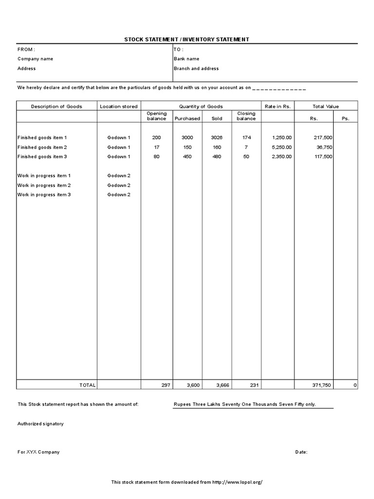Stock Statement Format For Bank Loan | PDF
