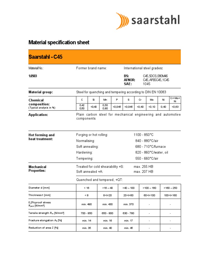 C45 Steel Material Specification Sheet | PDF | Steel | Heat Treating