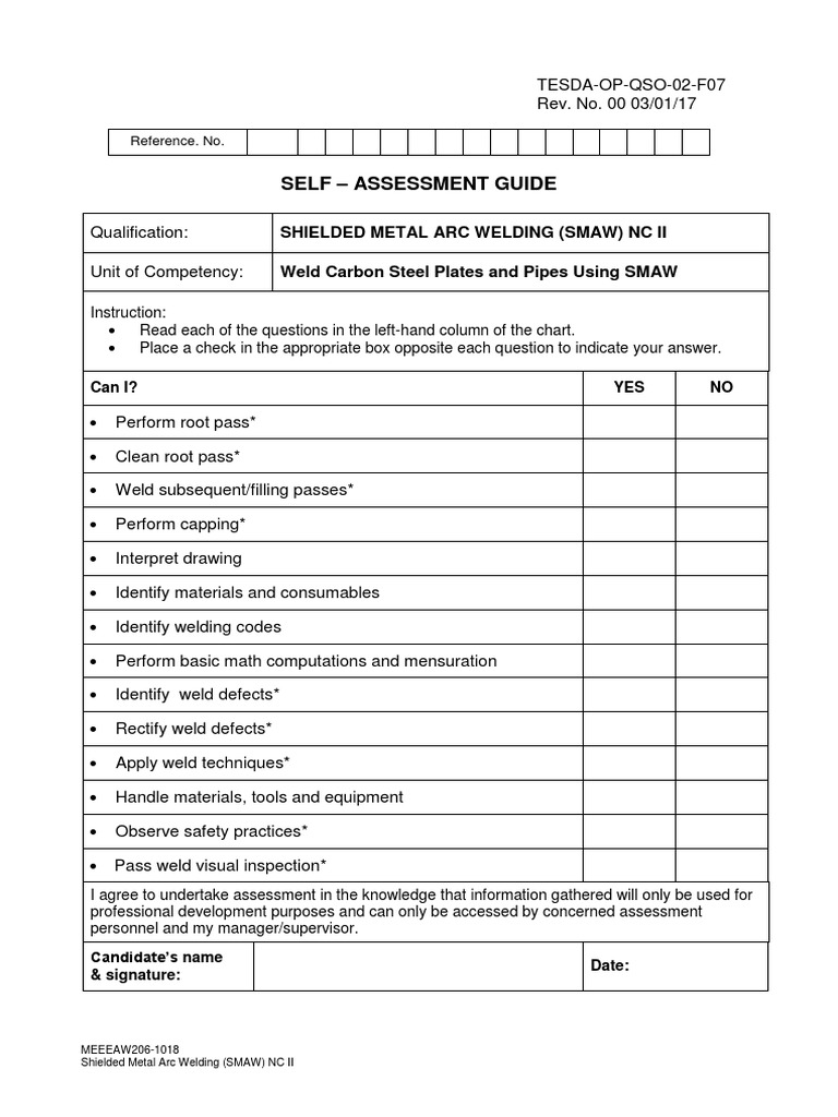 Self – Assessment Guide: Shielded Metal Arc Welding (Smaw) Nc Ii Weld ...