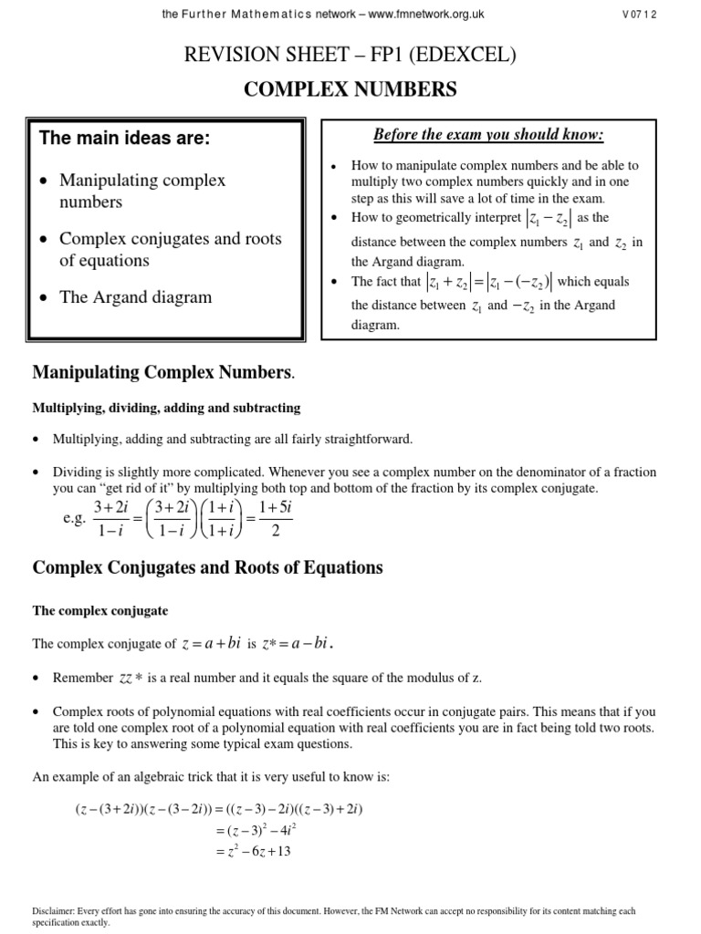 Edexcel FP1 Revision Sheets PDF | PDF | Complex Number | Equations