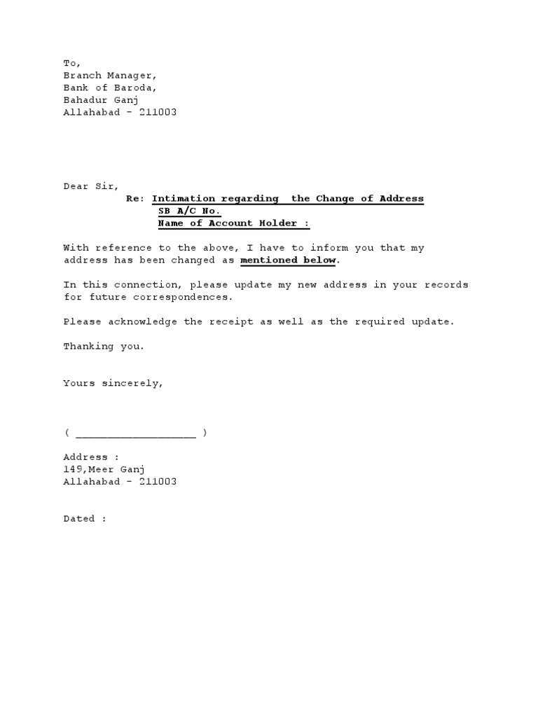 Intimation of Change of Address