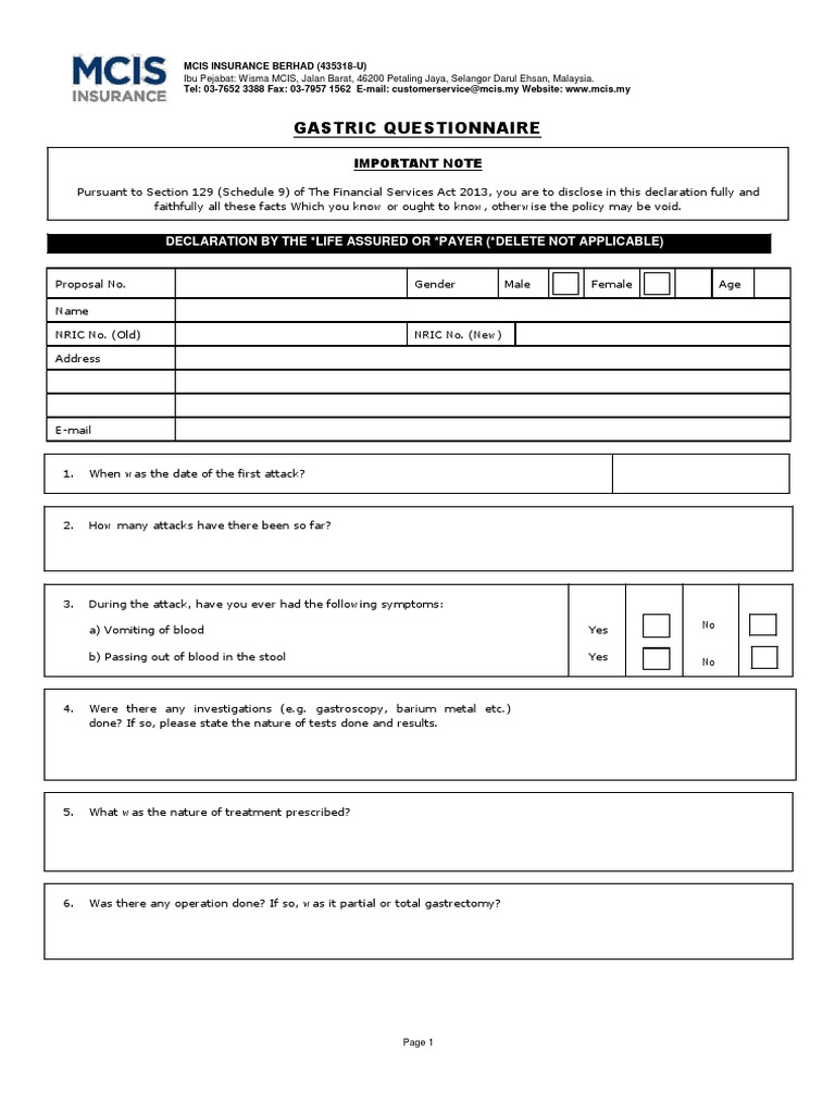Gastric Questionnaire (To Be Completed by Life Assured-EnG) | PDF