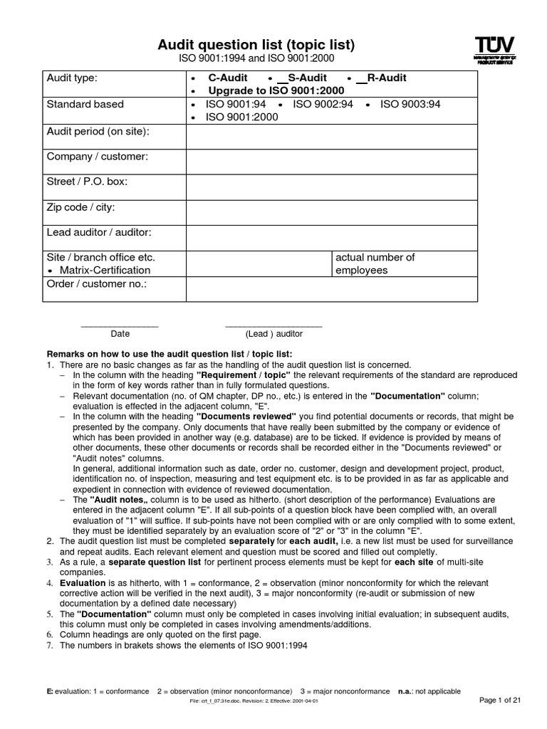 Audit Question List For ISO 9001 | PDF | Verification And Validation | Iso 9000