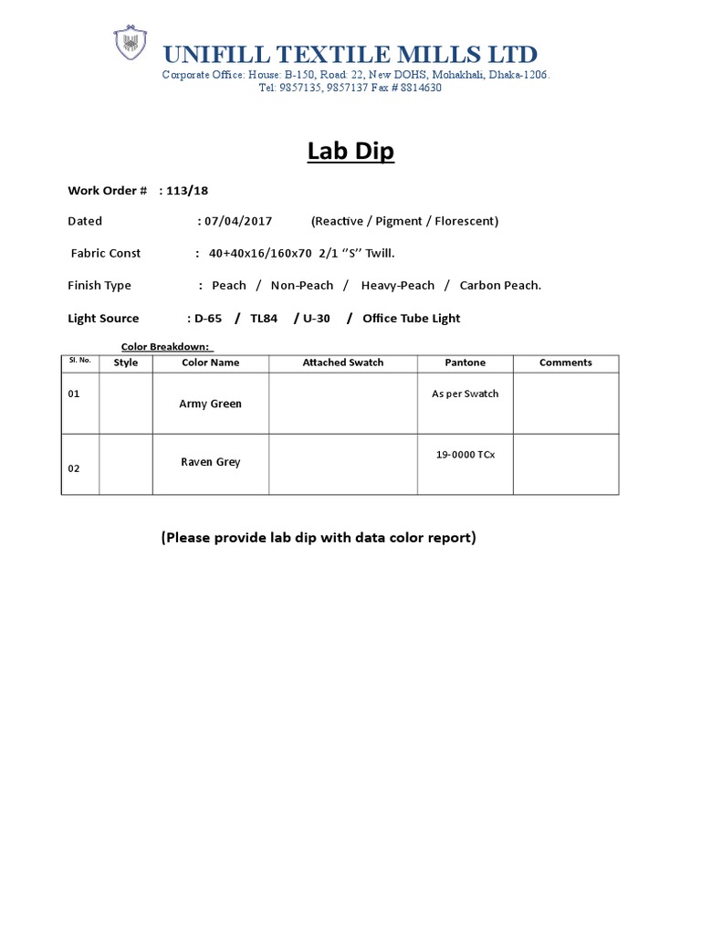 Lab Dip: Unifill Textile Mills LTD | PDF