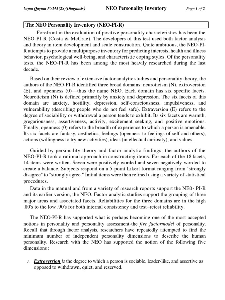 The NEO Personality Inventory (NEO-PI-R) | PDF | Personality Psychology ...