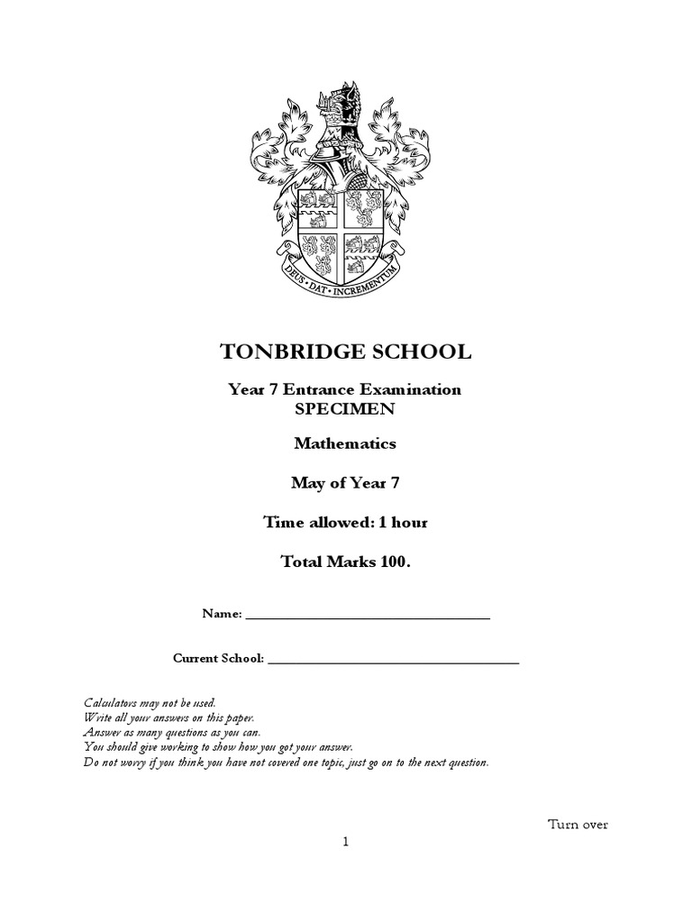 Tonbridge School Specimen Math Test Paper Y7 | Elementary Mathematics ...