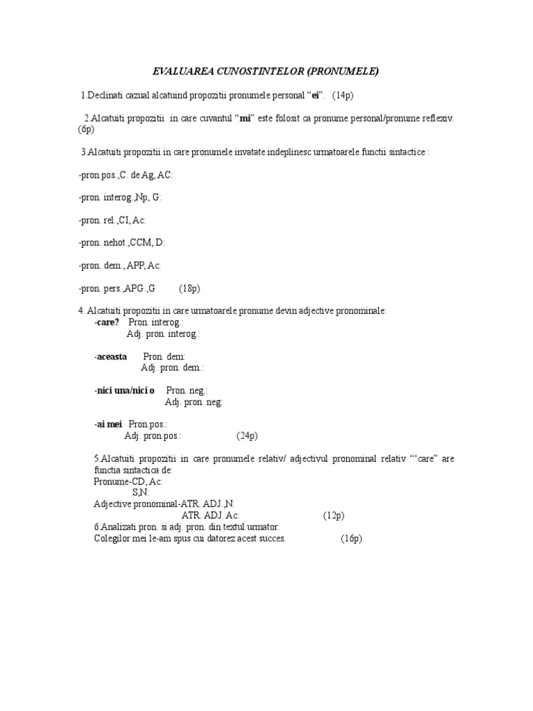 Test Pronume VII | PDF