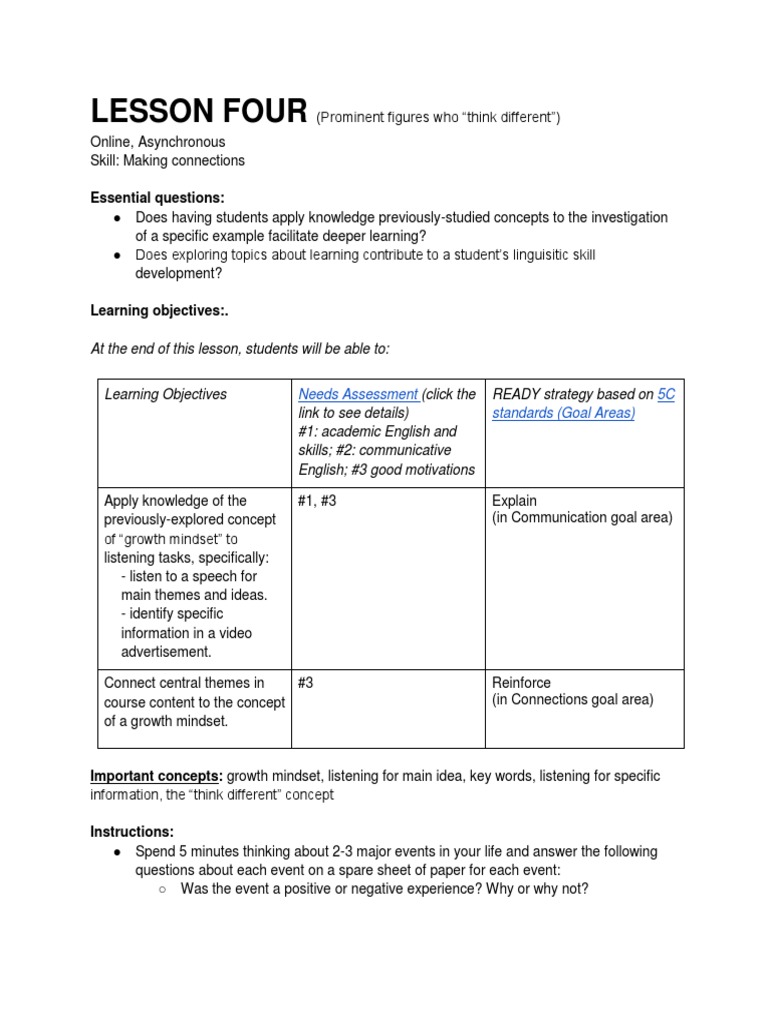 Lesson Four: Essential Questions | PDF | Mindset | Learning