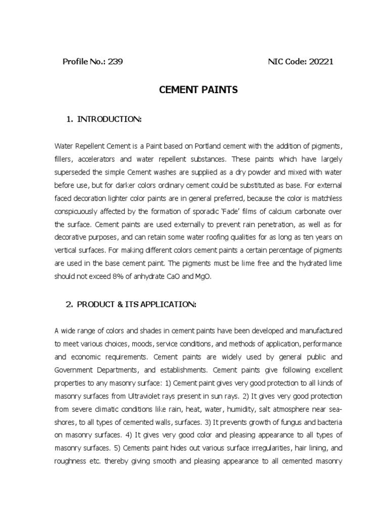 Cement Paints: Profile No.: 239 NIC Code: 20221 | PDF | Cement | Paint