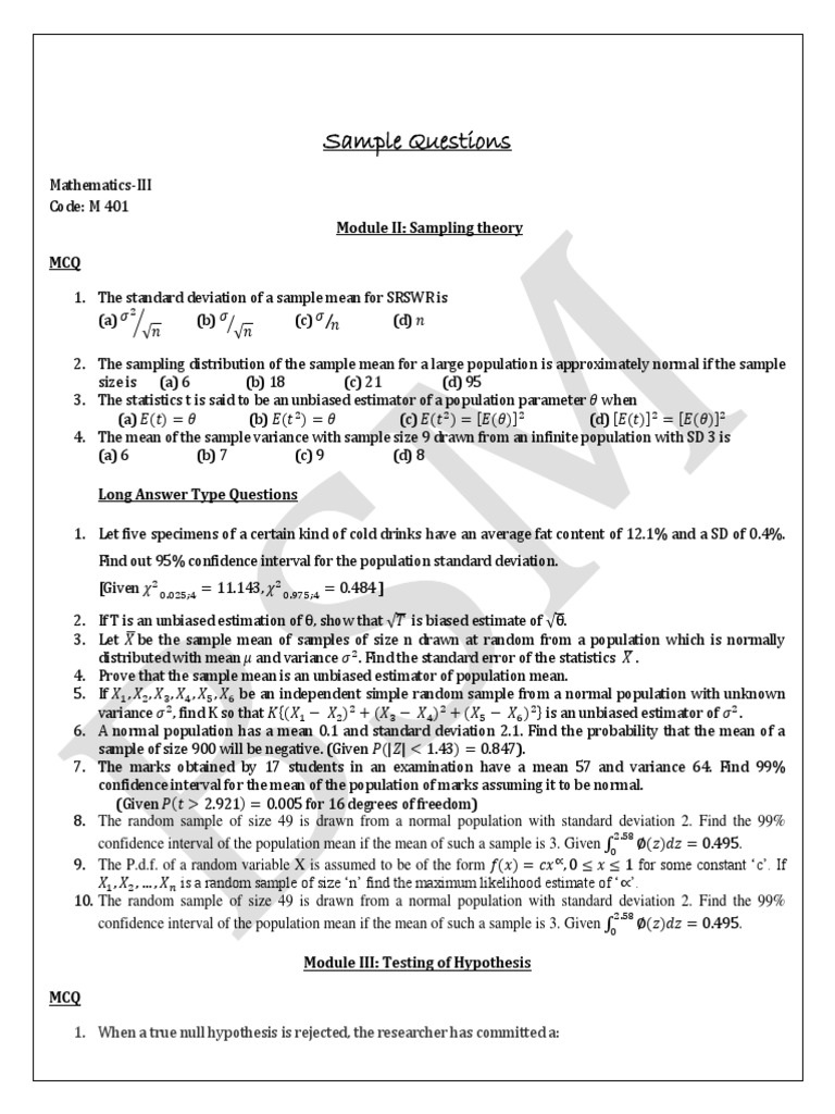 Sample Questions Statistics M401 2019 | PDF | Statistical Hypothesis ...