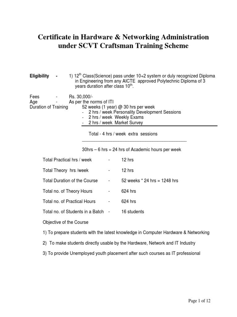 Certificate in Hardware & Networking Administration Under SCVT Craftsman Training Scheme ...