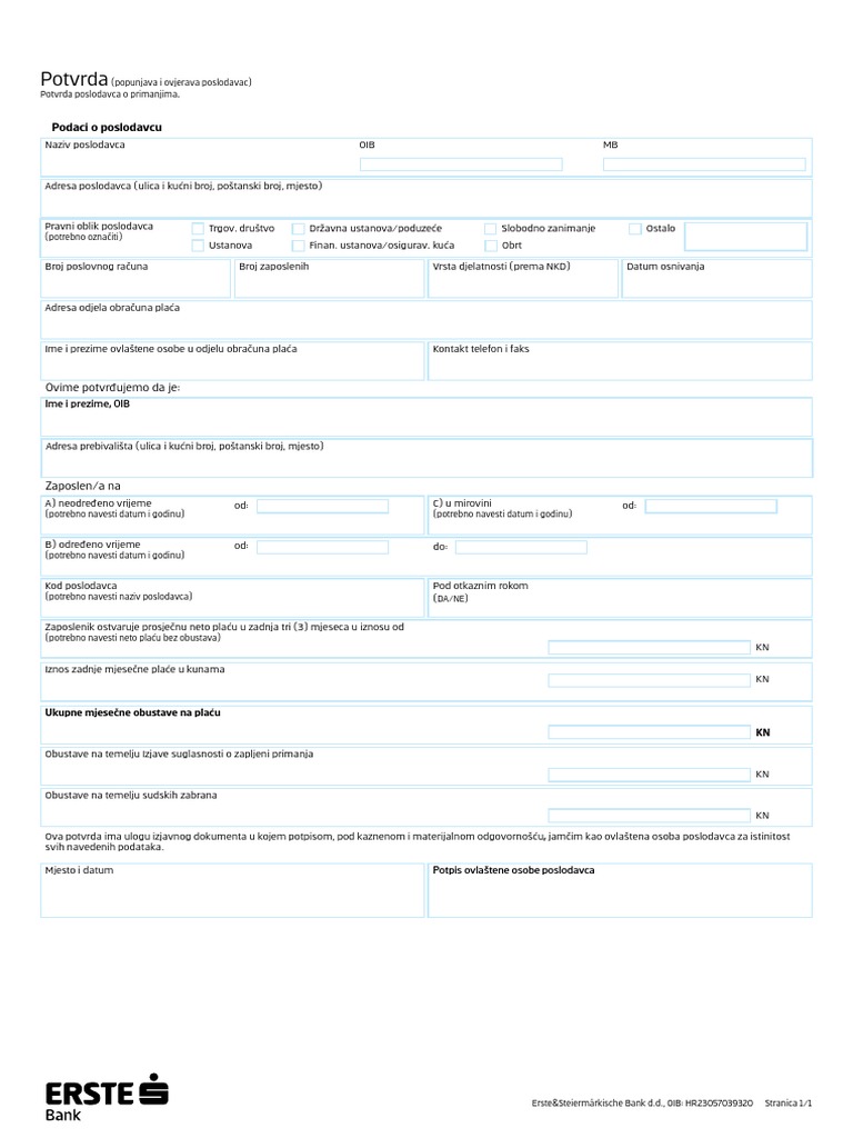 Potvrda Poslodavca | PDF