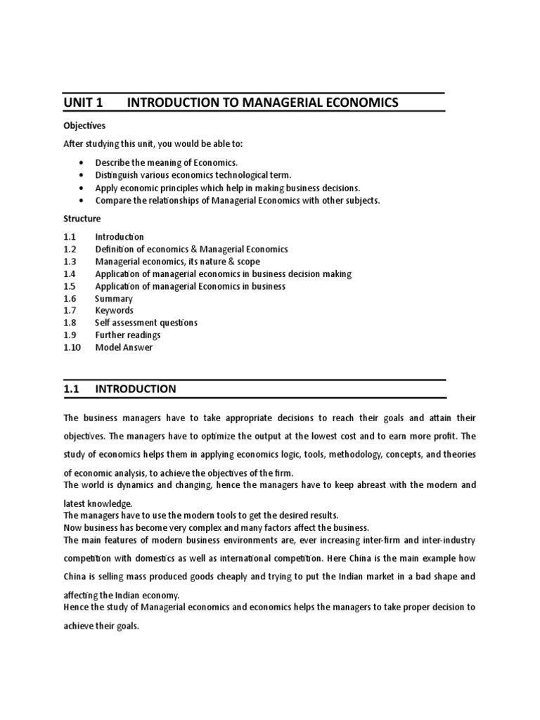 Unit 1 Introduction To Managerial Economics: Objectives | PDF ...