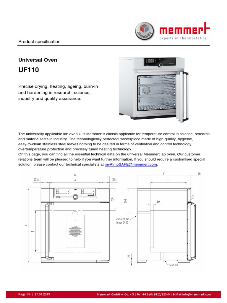 Memmert Universal Oven UF110 Specs | PDF | Door | Temperature