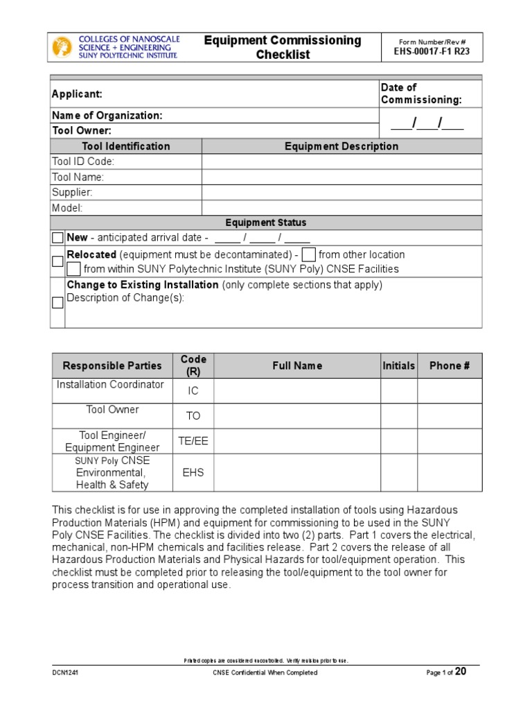 Commissioning Checklist | Ionizing Radiation | Pump