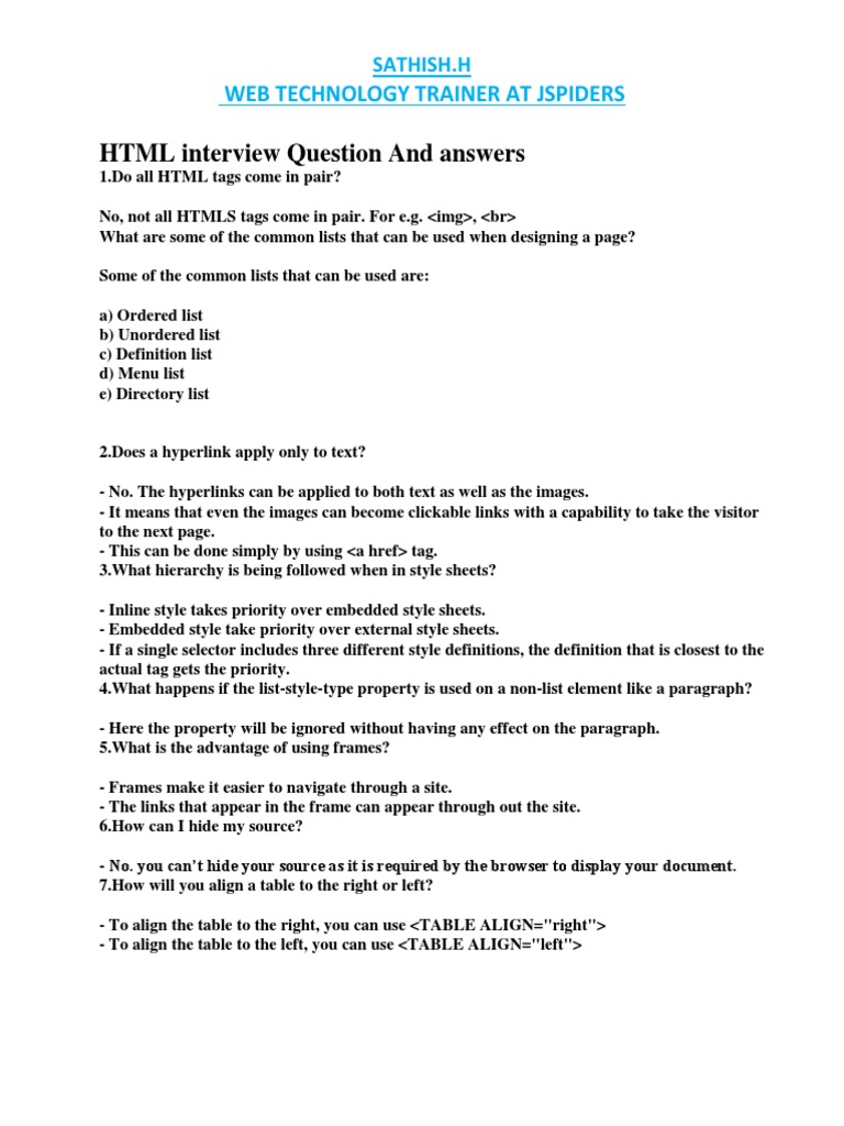 HTMLQuestionAnd Answer | PDF | Html Element | Html