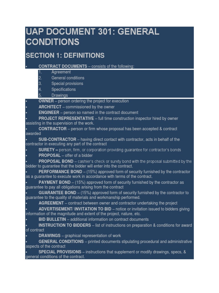 Uap Document 301: General Conditions: Section 1: Definitions | Download ...
