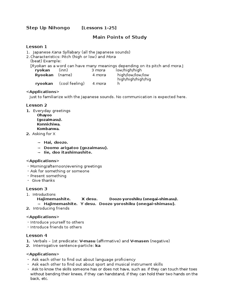 Step Up Nihongo Main Points of Study: (Lessons 1-25) | PDF | Japanese Language | Language Families