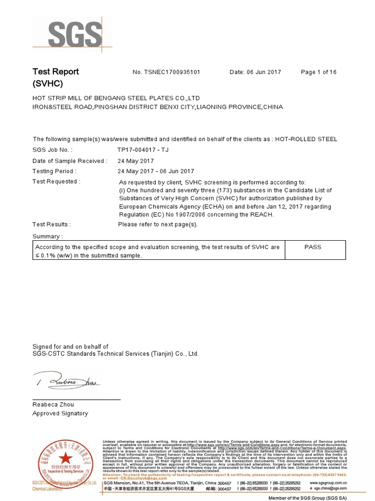 Test Report (SVHC) : Signed For and On Behalf of SGS-CSTC Standards ...